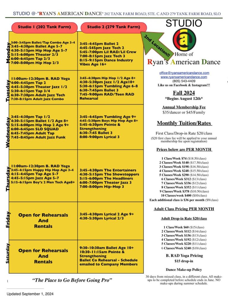 Current Class Schedule Fall/Winter 2024 | Ryan's American Dance